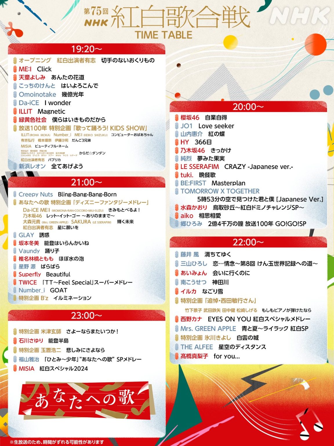 2024 第 75 屆日本紅白歌合戰 （ 紅白歌合戦 ）名單、演出曲序、時間表看這裡 - MeMeOn 迷迷音